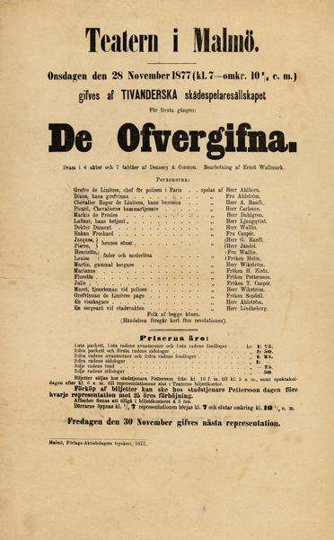 Kringla - textaffisch, teateraffisch, affisch, teaterprogram, De Ofvergifna, De övergivna